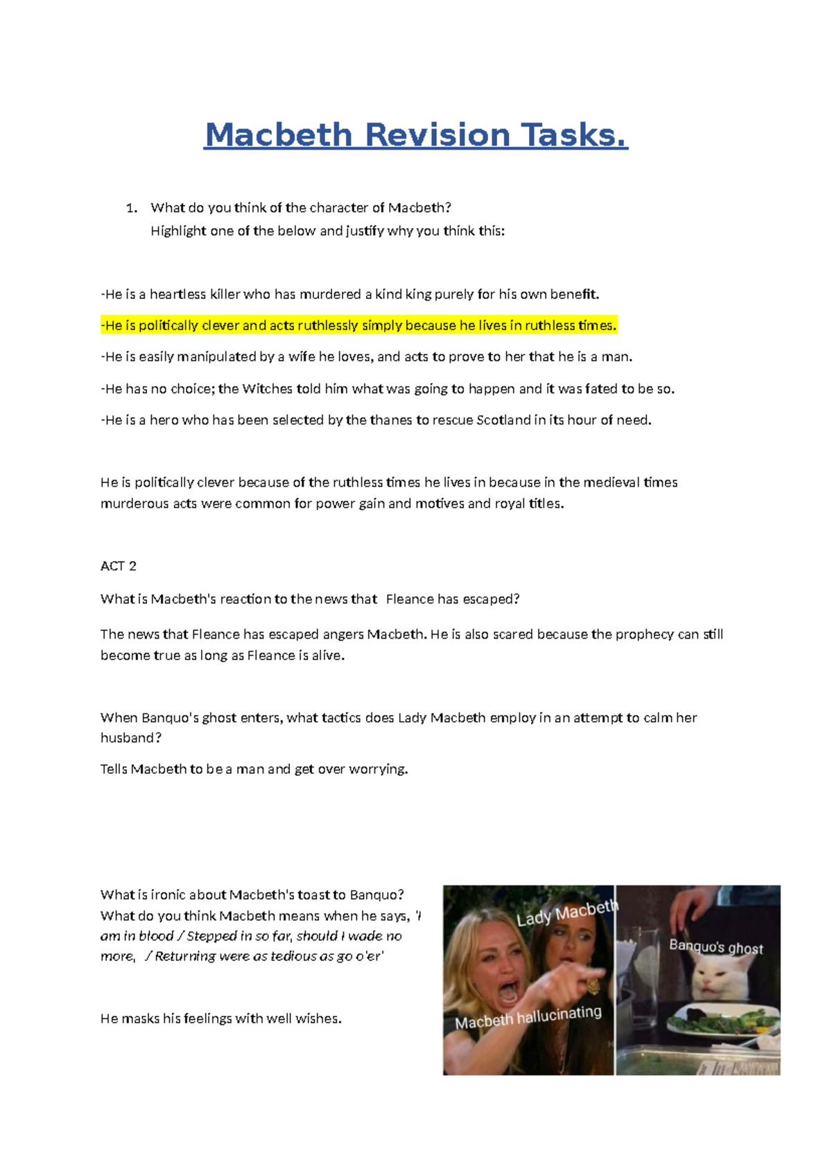 Macbeth Revision Tasks: Character Analysis and Themes - Studocu