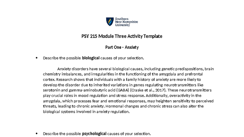 PSY 215 Module 3 Activity Journal: Exploring Anxiety & Depression - Studocu