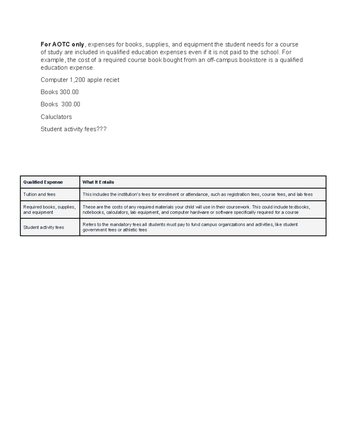 AOTC Qualified Education Expenses: Key Notes and Examples - Studocu