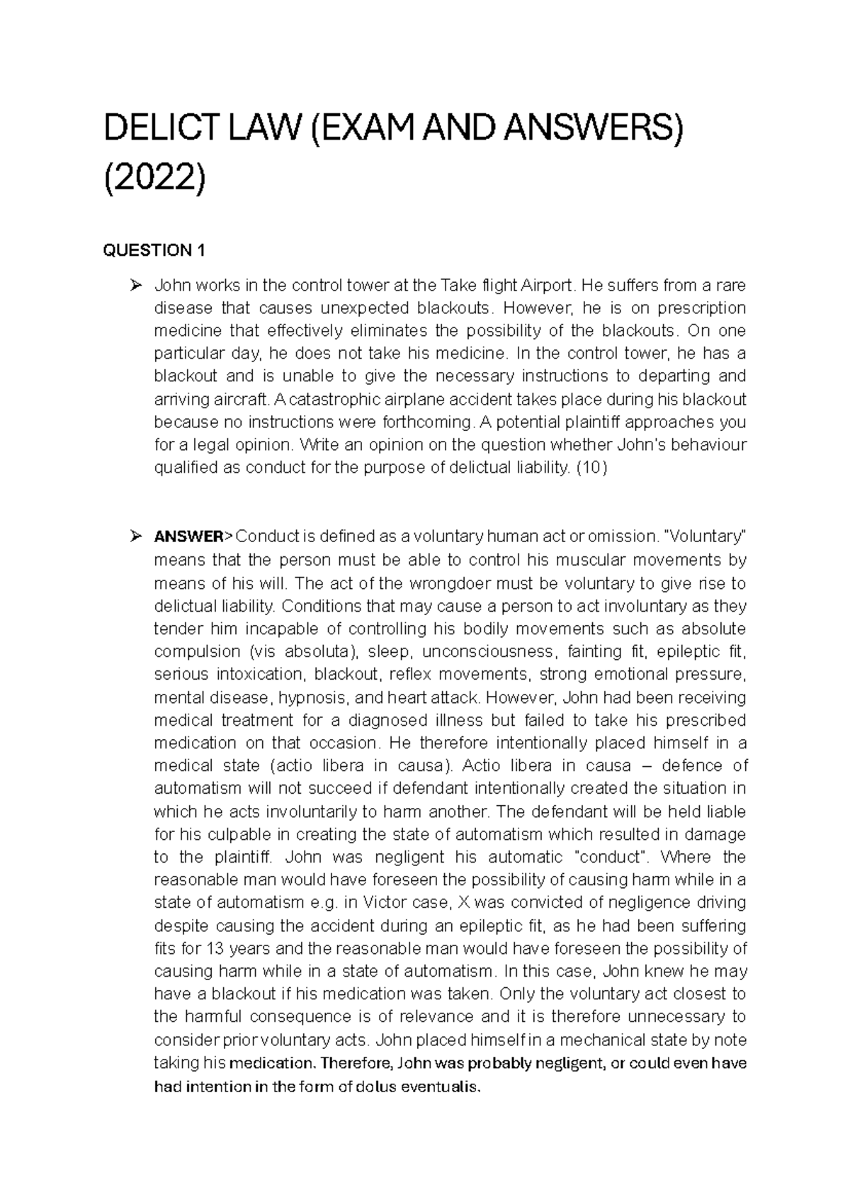 Delict LAW 2022 EXAM Questions & Answers: Key Legal Analyses - Studocu