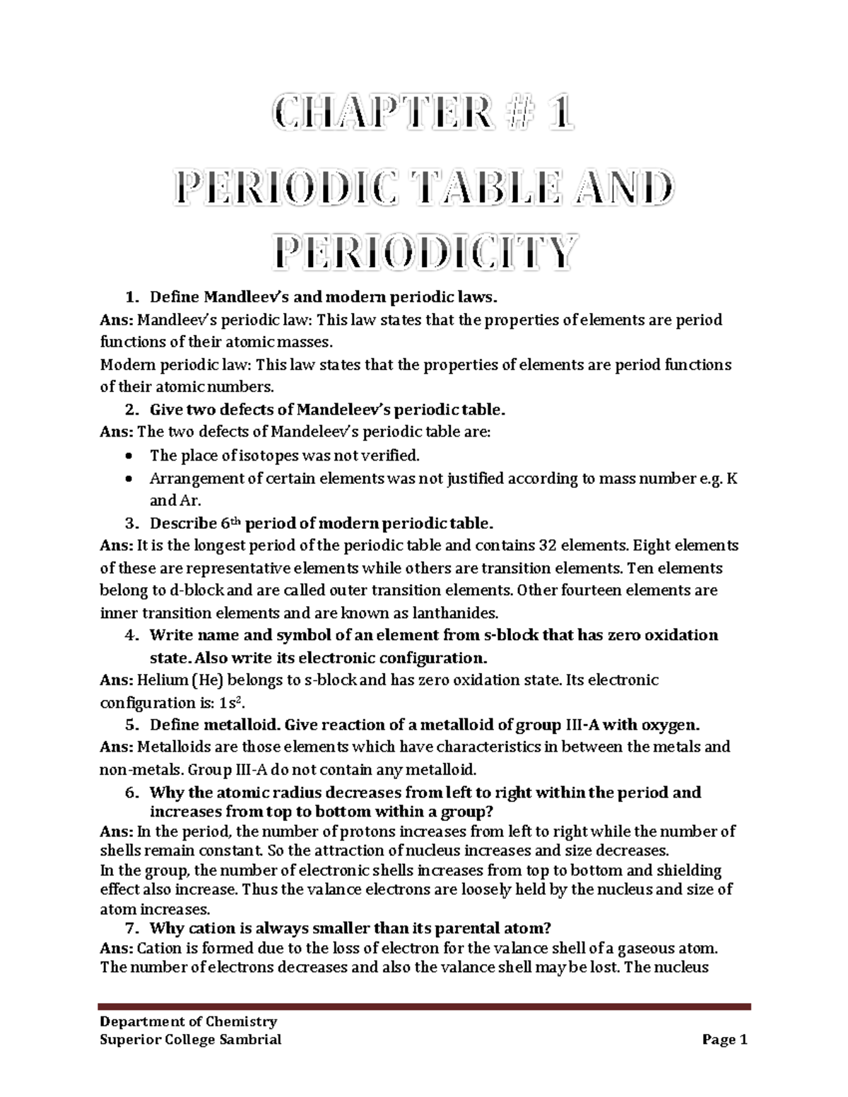 Chapter 1-Periodic Table and Periodicity-Copy - Department of Chemistry Define Mandleev’s and ...