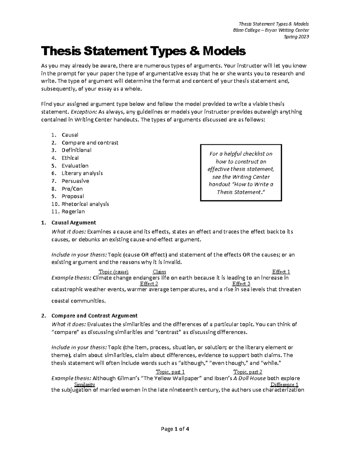 Thesis Statement Types & Models - Blinn College Writing Center Spring ...