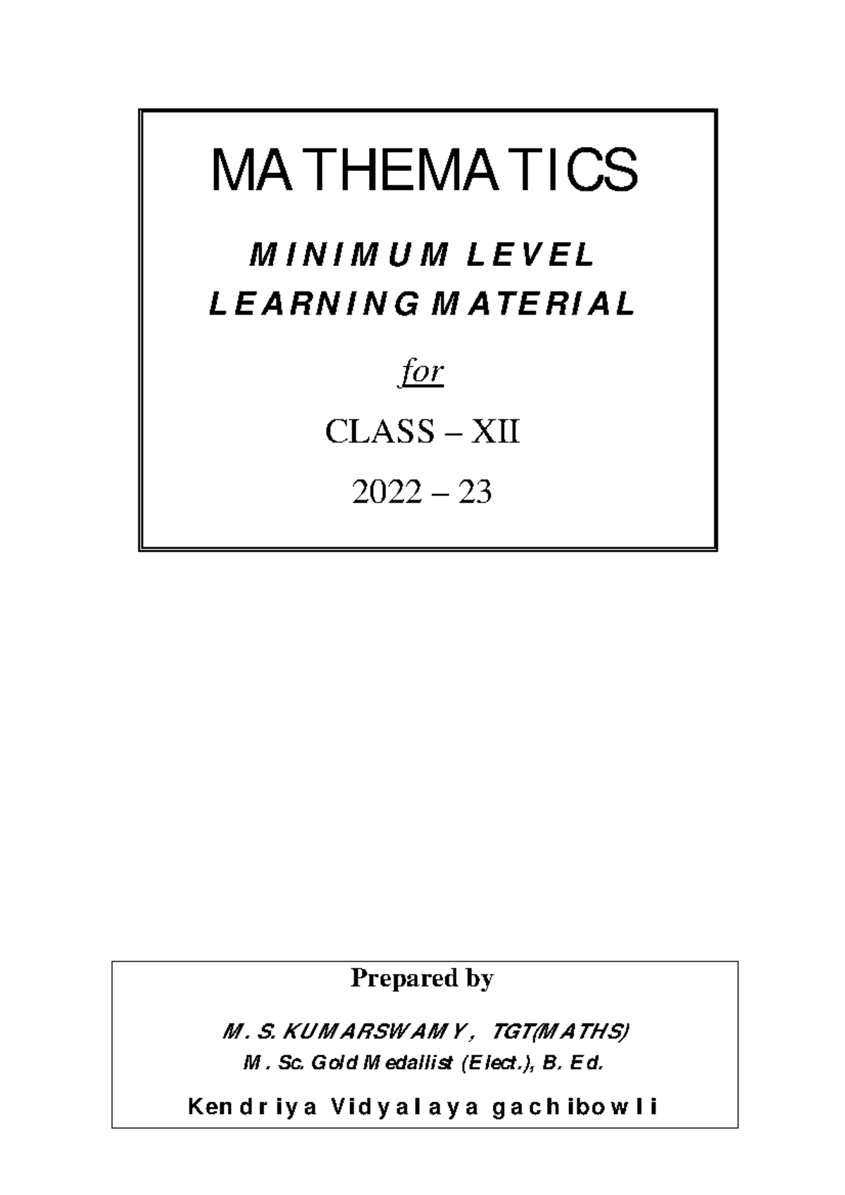 Mathematics Class XII Minimum Level Learning Material 2022-23 - Studocu