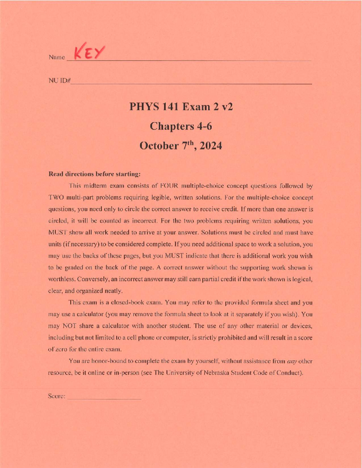 PHYS 141 Exam 2 Key - Midterm Review for October 2024 - Studocu