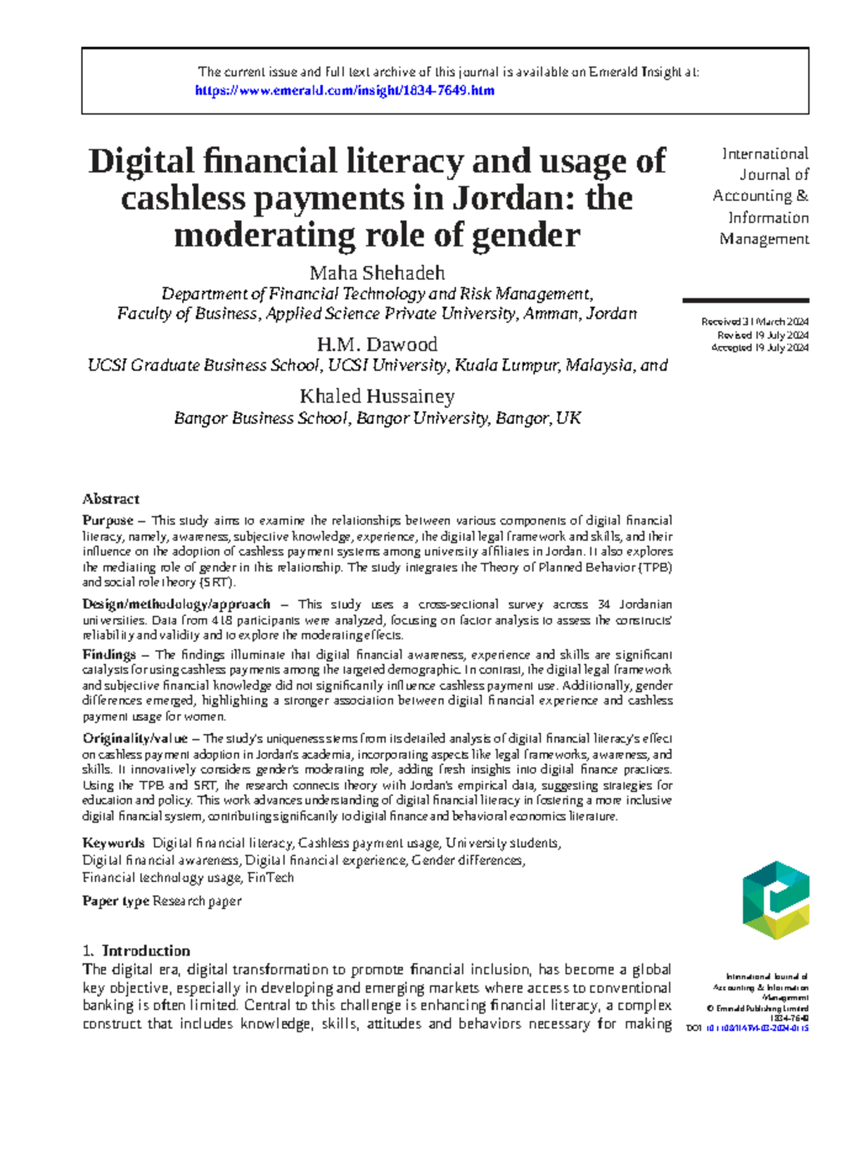 Digital Financial Literacy & Cashless Payments in Jordan: Gender's Role ...