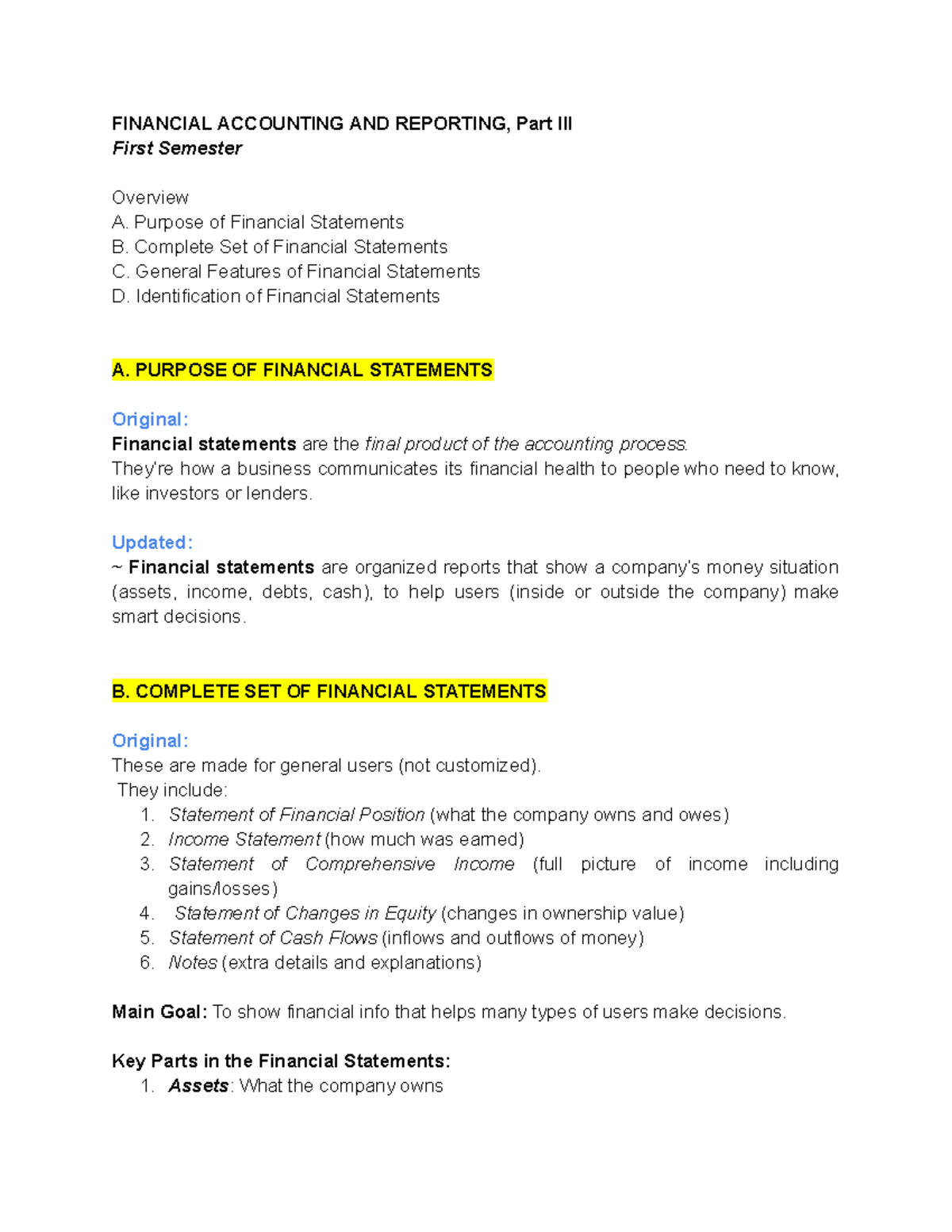 FIN 101: Overview of Financial Statements and Reporting - Studocu