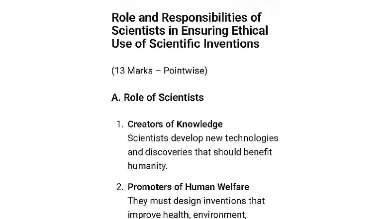 Roles and Responsibilities of Scientists in Ethical Innovation (13 ...
