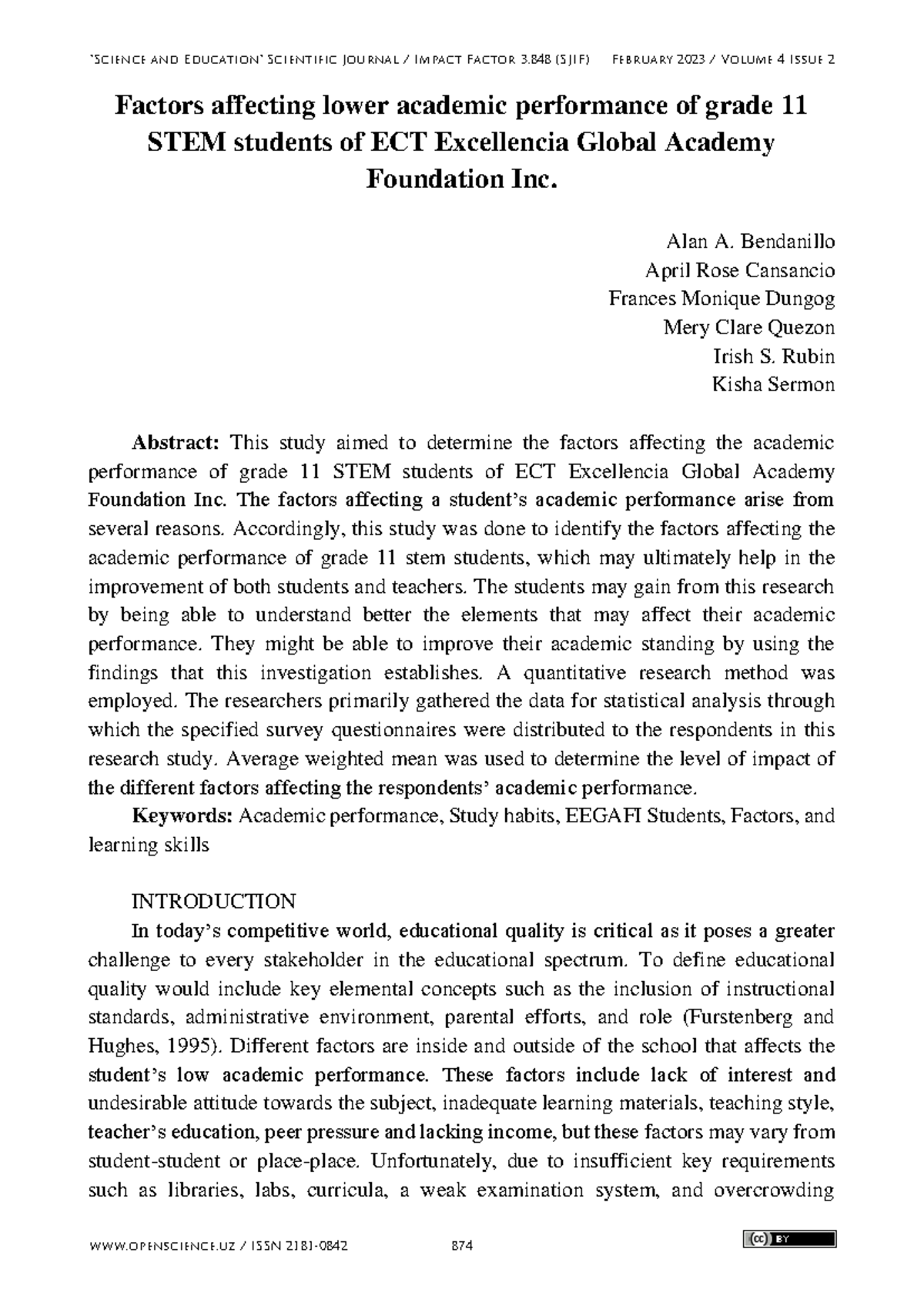 Factors Influencing Low Academic Performance of Grade 11 STEM Students ...