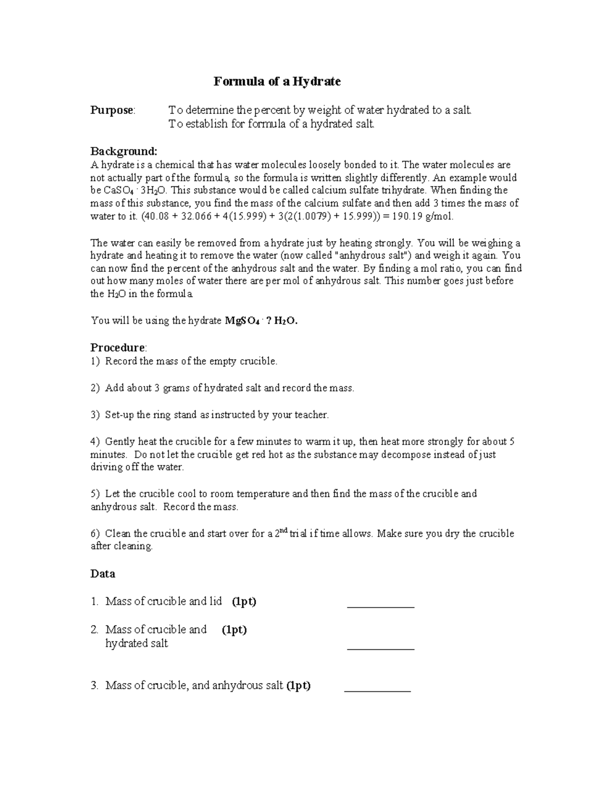 Lab Report: Hydrate Formula Determination Experiment (CHEM 101) - Studocu