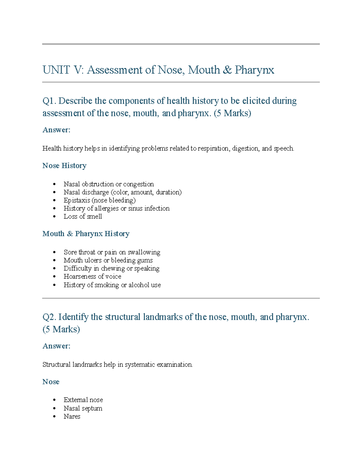 HA 3rd Sem Chapter 5: Assessment of Nose, Mouth & Pharynx - Studocu