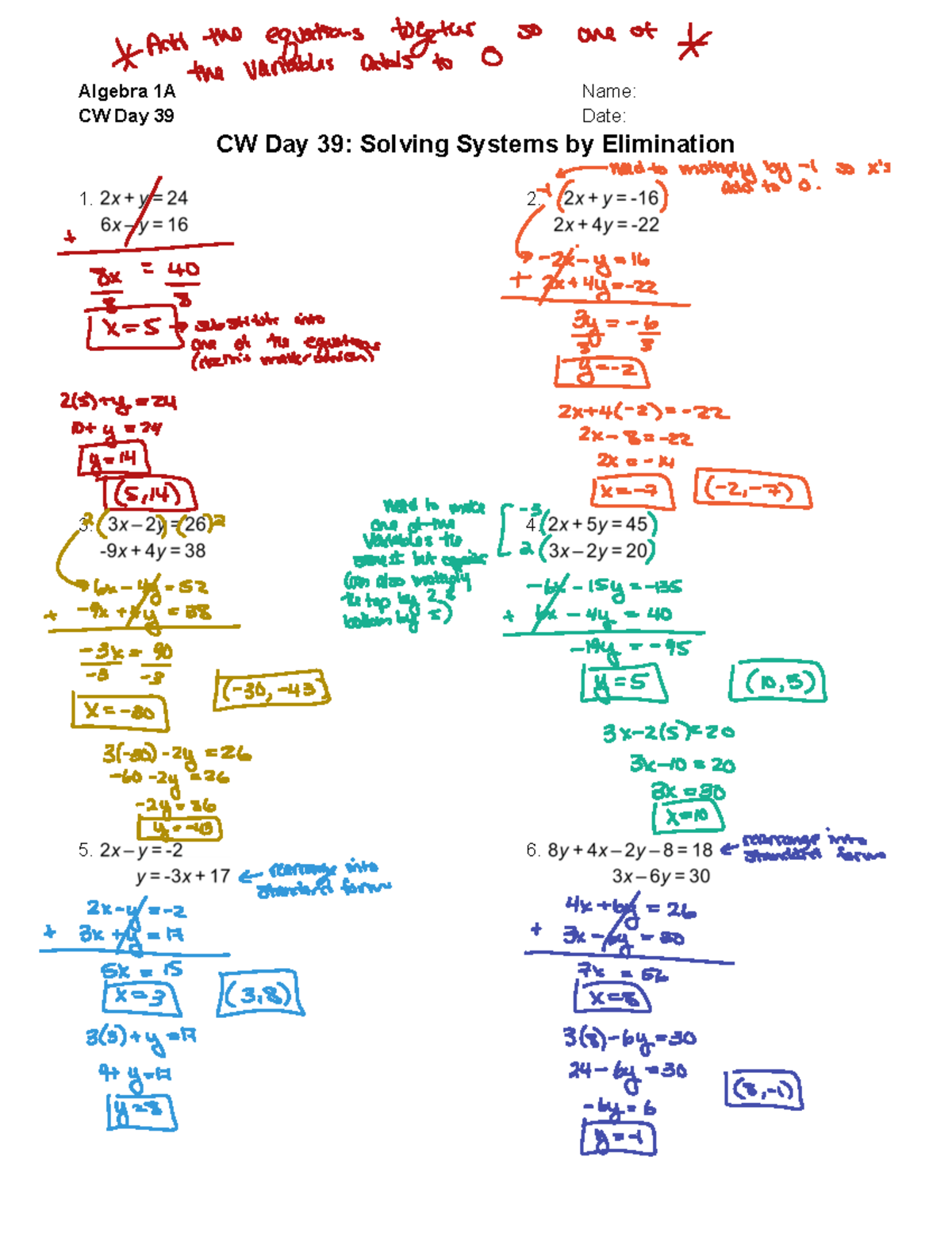 Algebra 1A CW Day 39: Solving Systems by Elimination - Studocu