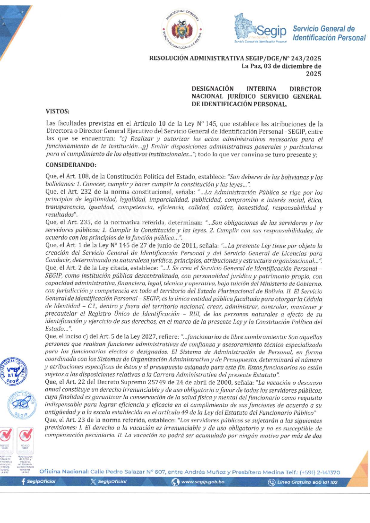 Resolución Administrativa 243: Designación Interina Director Nacional ...