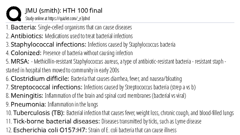 JMU (smith): HTH 100 Final Exam Study Guide on Infectious Diseases - Studocu