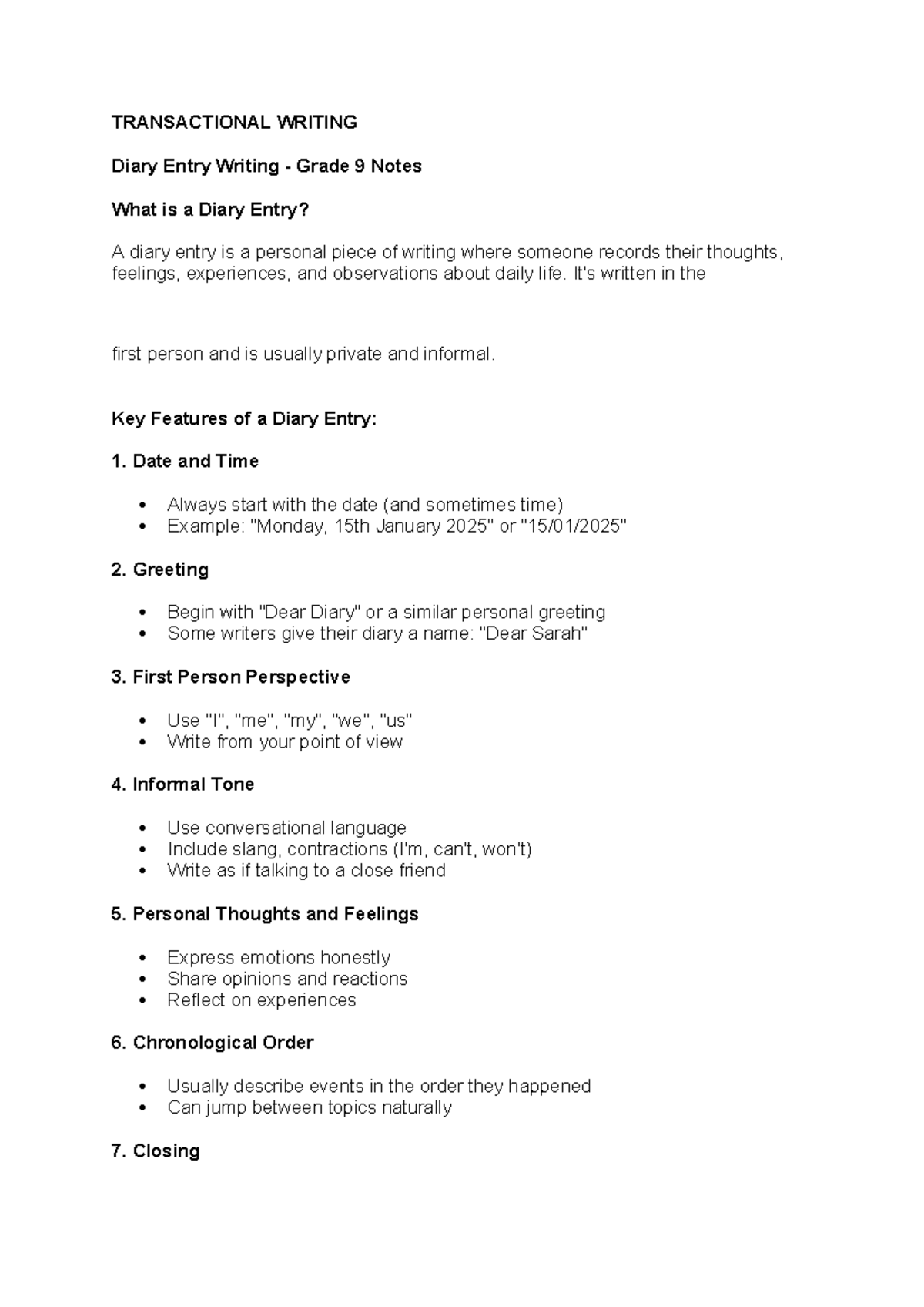 Grade 9 Transactional Writing: Diary Entry Notes & Tips - Studocu