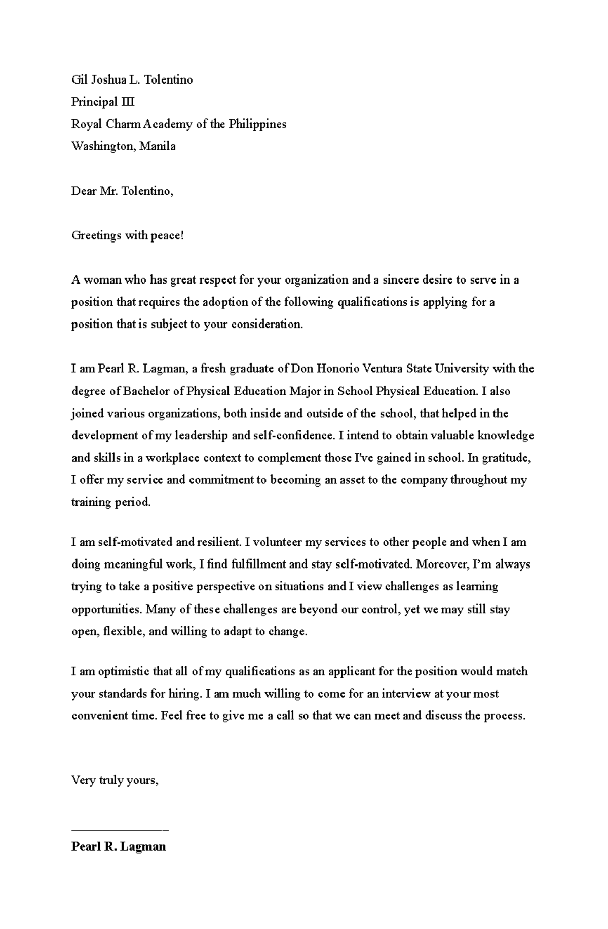 Application letter - Gil Joshua L. Tolentino Principal III Royal Charm ...