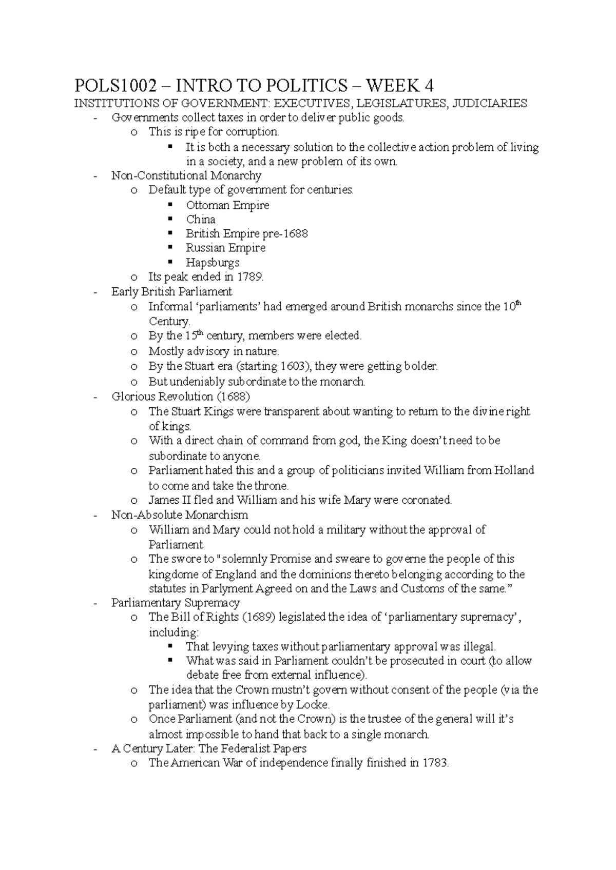 POLS1002 Intro to Politics Week 4: Institutions of Government Overview ...