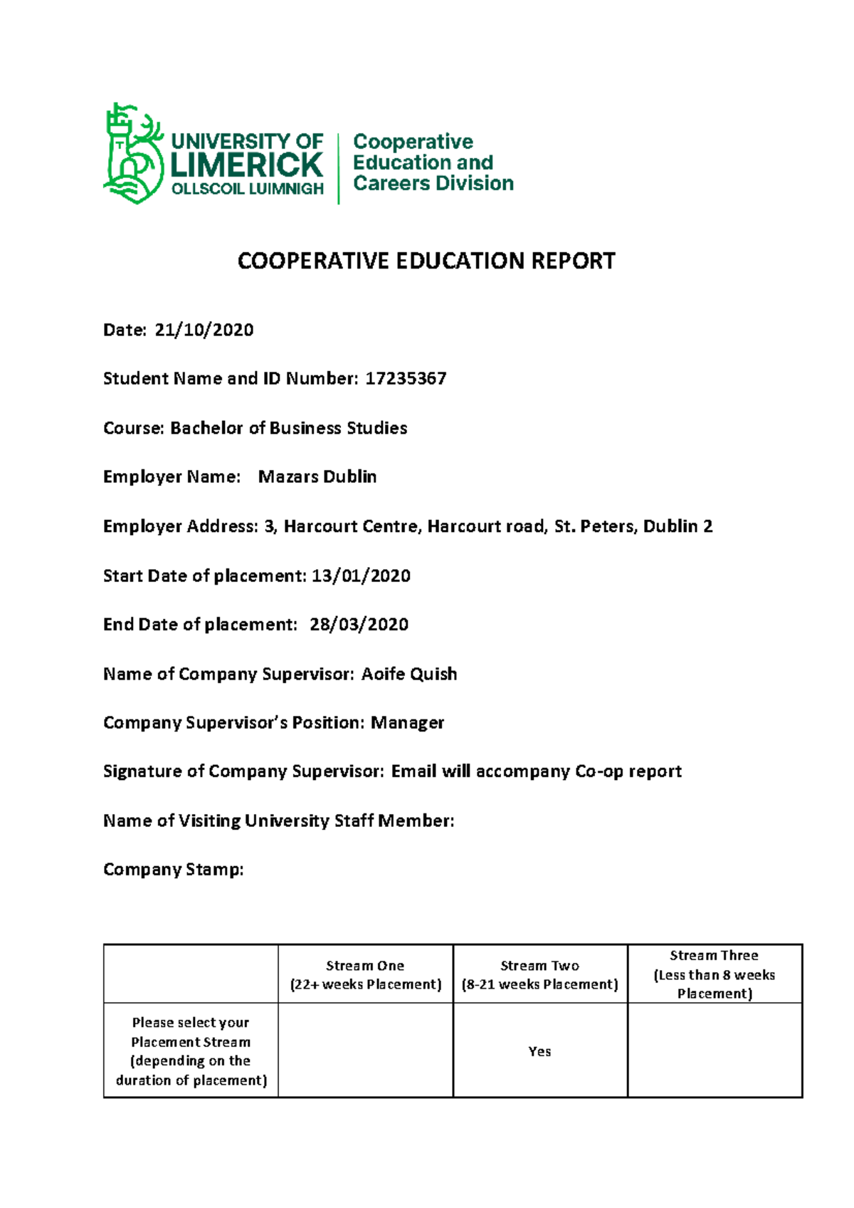 Bachelor of Business Studies Co-op Report - Michael Gorman - Studocu