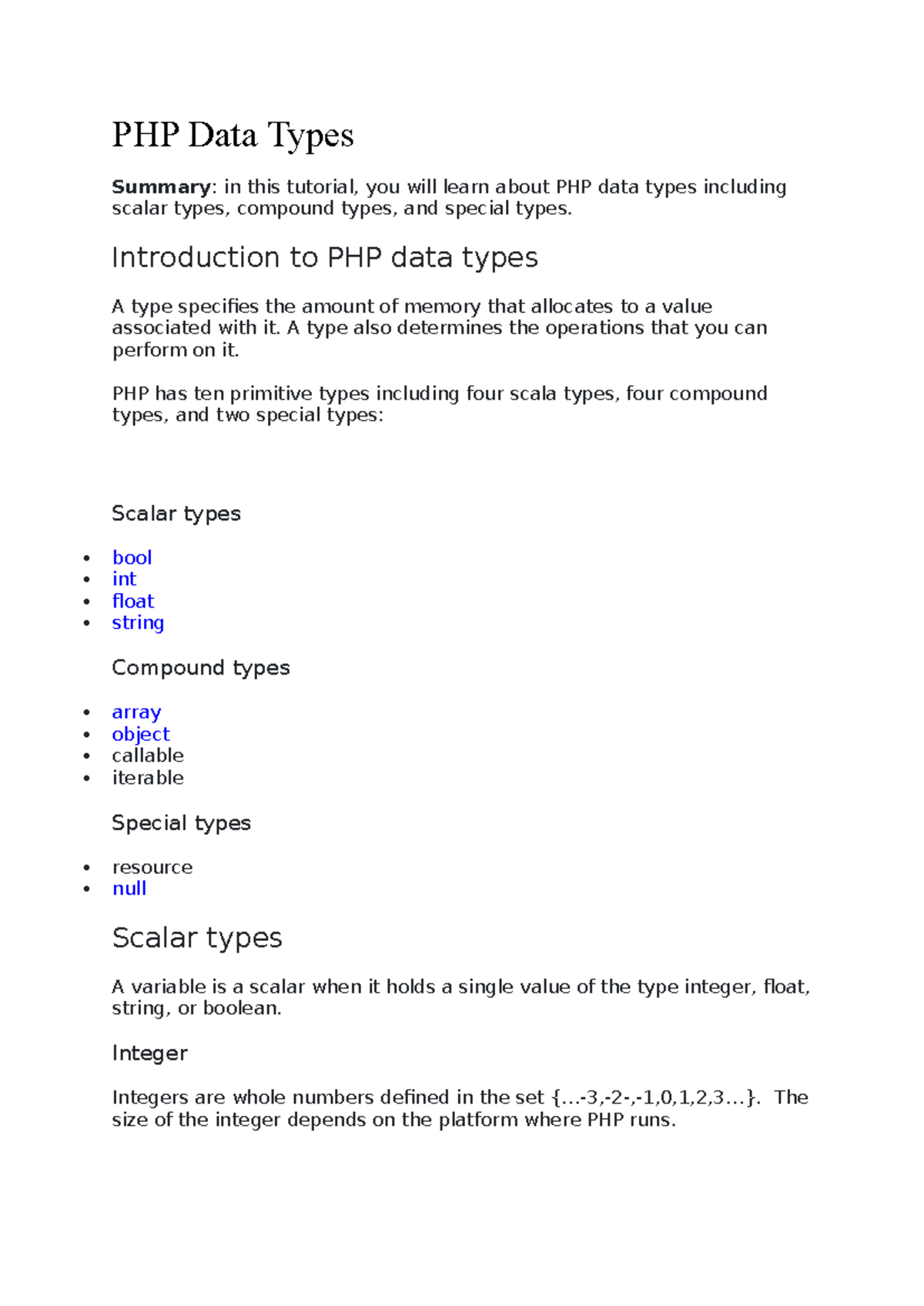 PHP Data Types - NONE - PHP Data Types Summary: in this tutorial, you will learn about PHP data ...