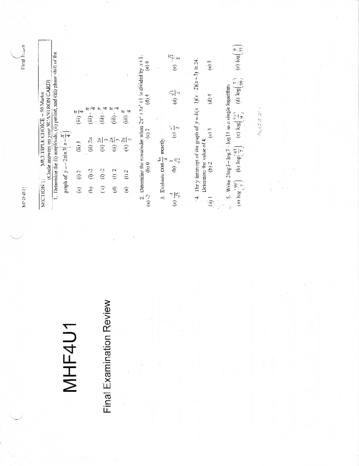MHF4U1 Final Exam Review Guide and Solutions - Studocu