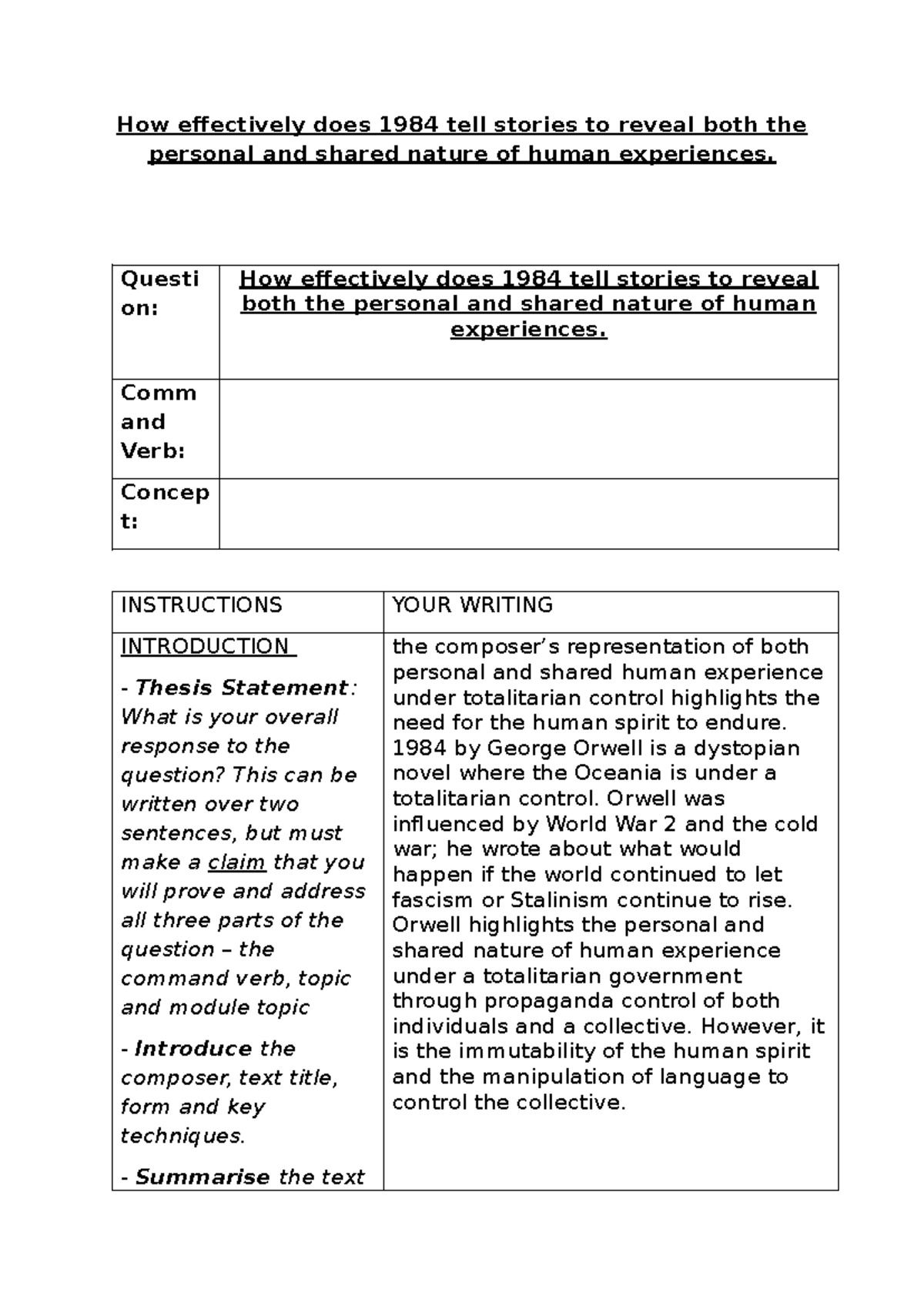 1984 Practice Essay: Exploring Human Experience Under Totalitarianism ...