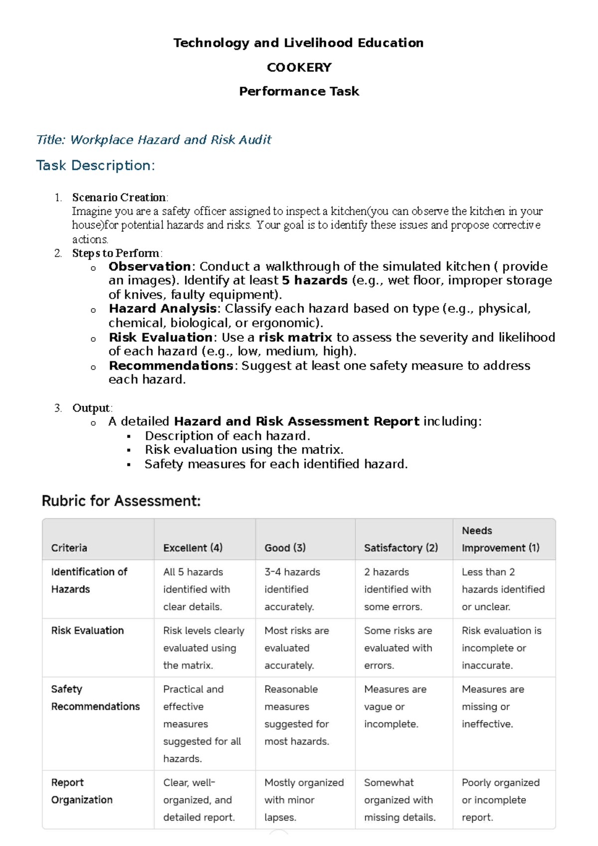 TLE - Cookery Performance Task: Kitchen Hazard Audit Report - Studocu