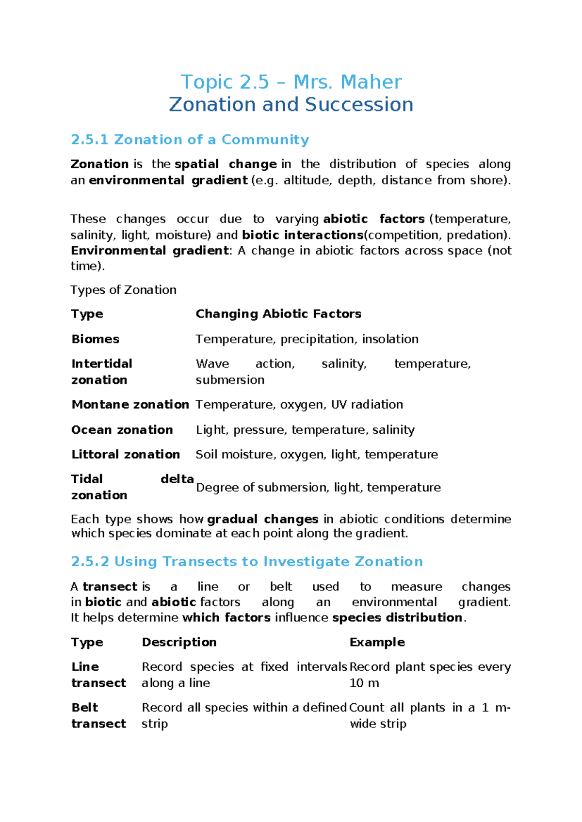 IB ESS Topic Notes 2.5: Zonation and Succession in Ecosystems - Studocu