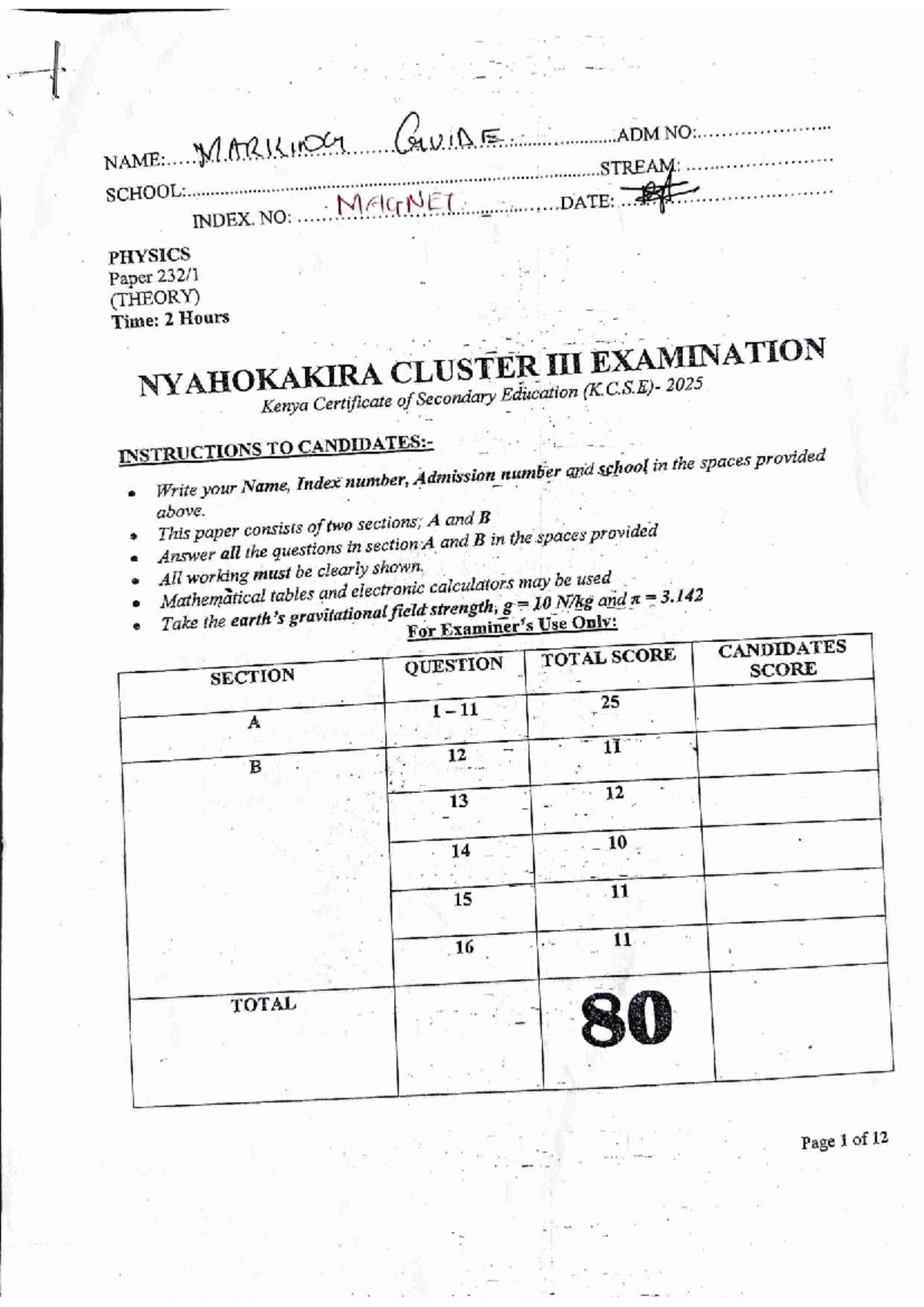 Physics Paper 2 (THEORY) - NYAHOKAKIRA EXAMS 2025 - Studocu