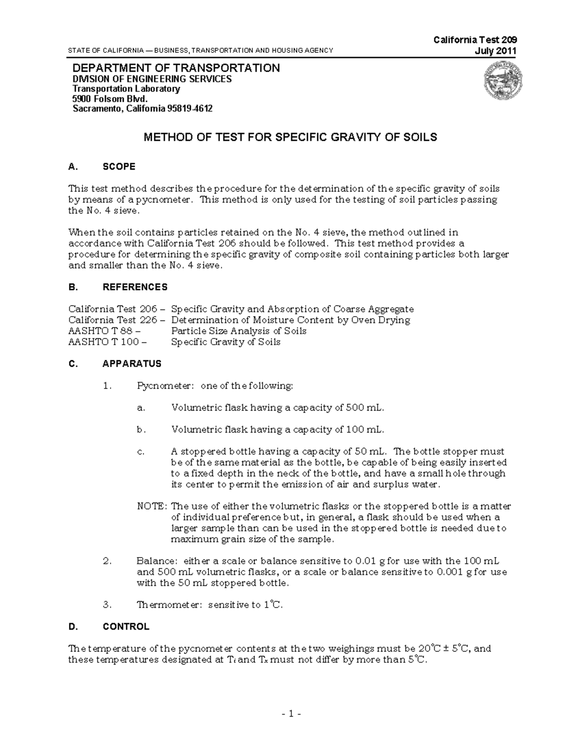 California Test 209: Method for Specific Gravity of Soils - Studocu