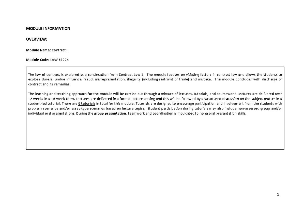 Module Information - MODULE INFORMATION OVERVIEW: Module Name: Contract ...