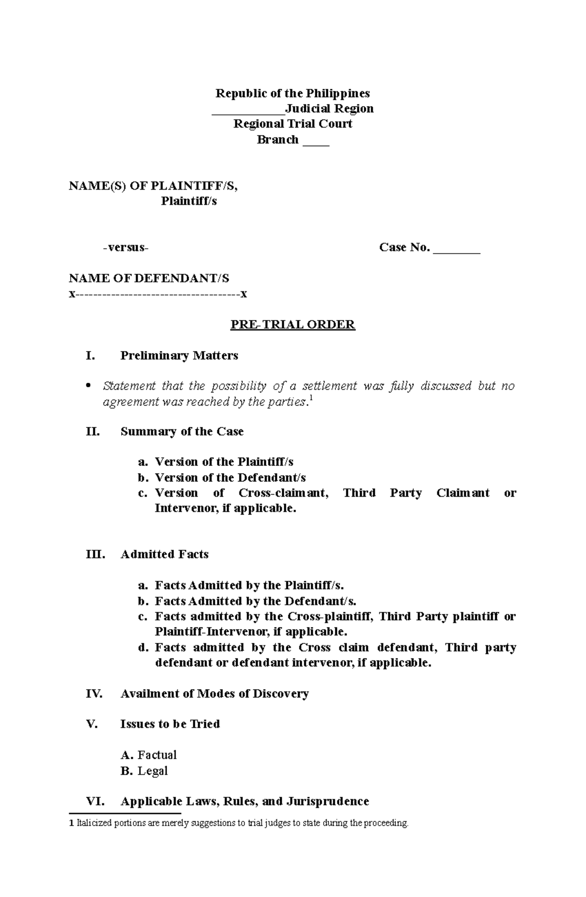 Pre-Trial Order & Minutes Template 2021 - Case No. _______ - Studocu