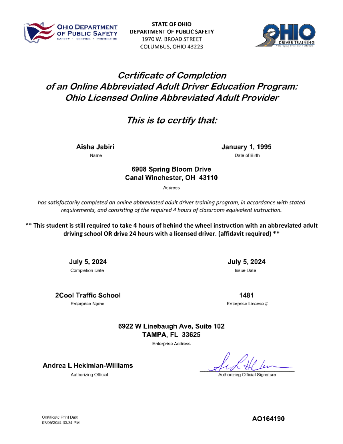 Certificate of Completion - Ohio Adult Driver Edu Program - Studocu