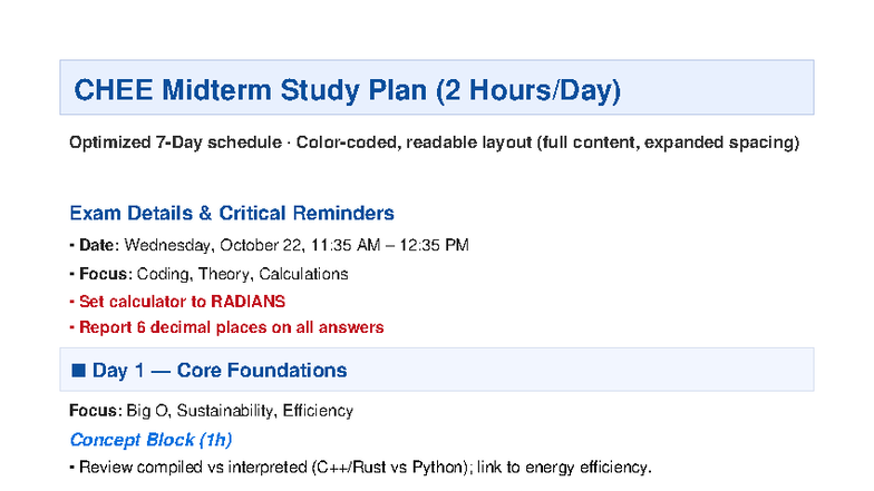 CHEE Midterm Study Plan: Optimized 2-Hour Daily Schedule - Studocu