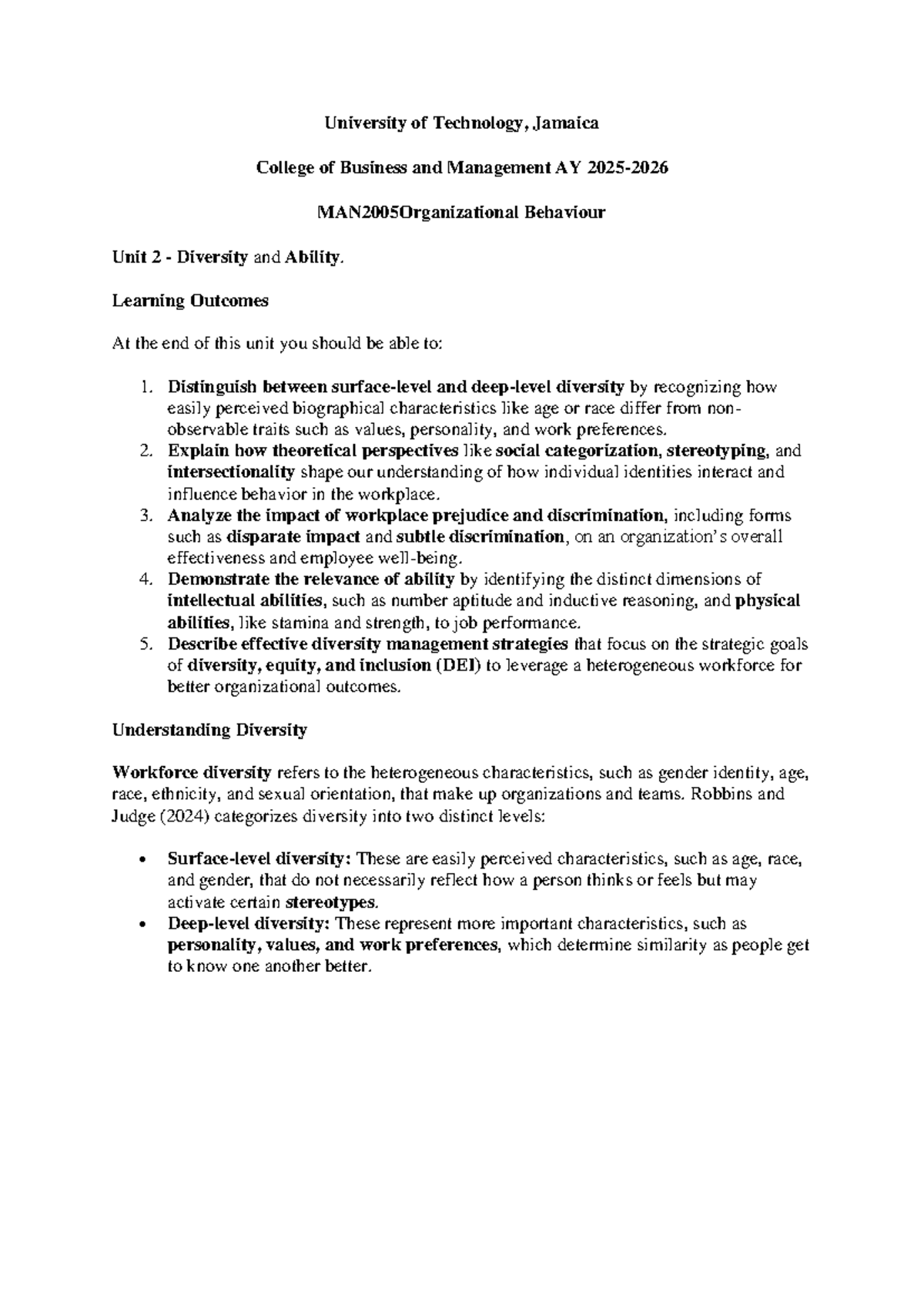 MAN2005 Organizational Behaviour - Unit 2: Diversity and Ability - Studocu