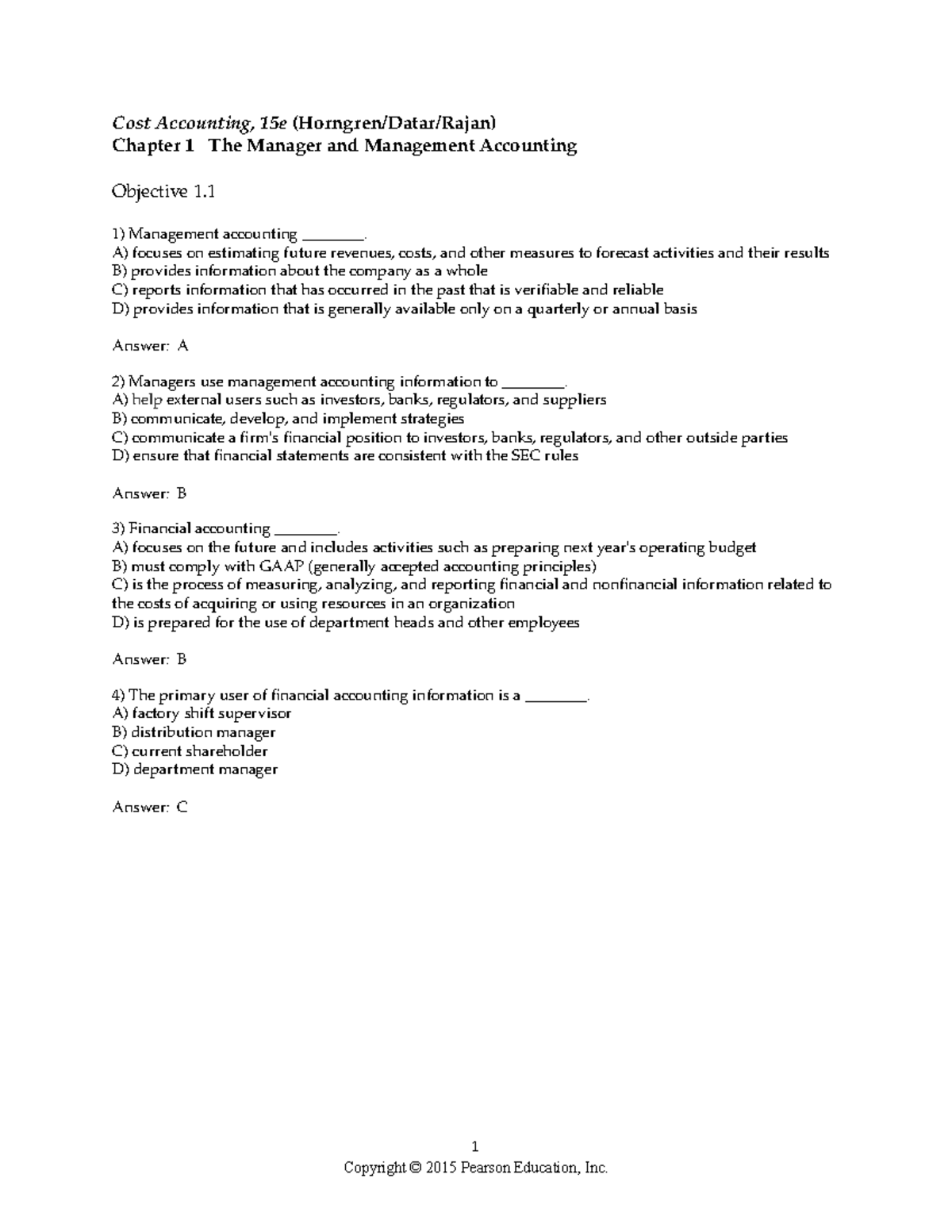 Cost Accounting Exam Review: Chapter 1 Test Bank (15e) - Studocu