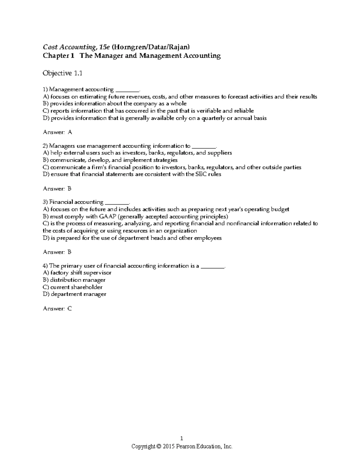 Chapter 1 - test bank for cost accounting - Cost Accounting, 15e ...