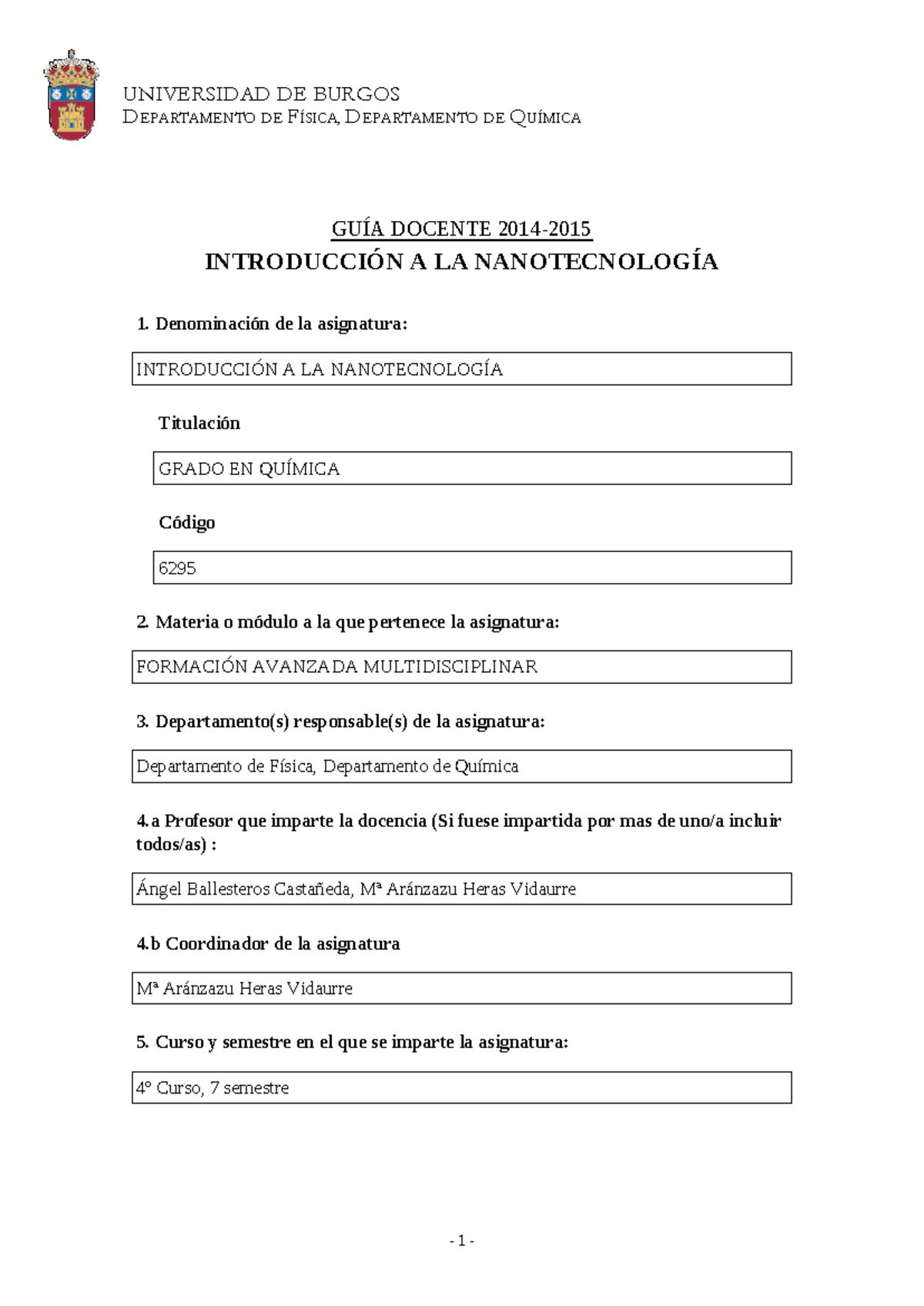 Guía Docente: Introducción a la Nanotecnología 6295 - UBurgos - Studocu