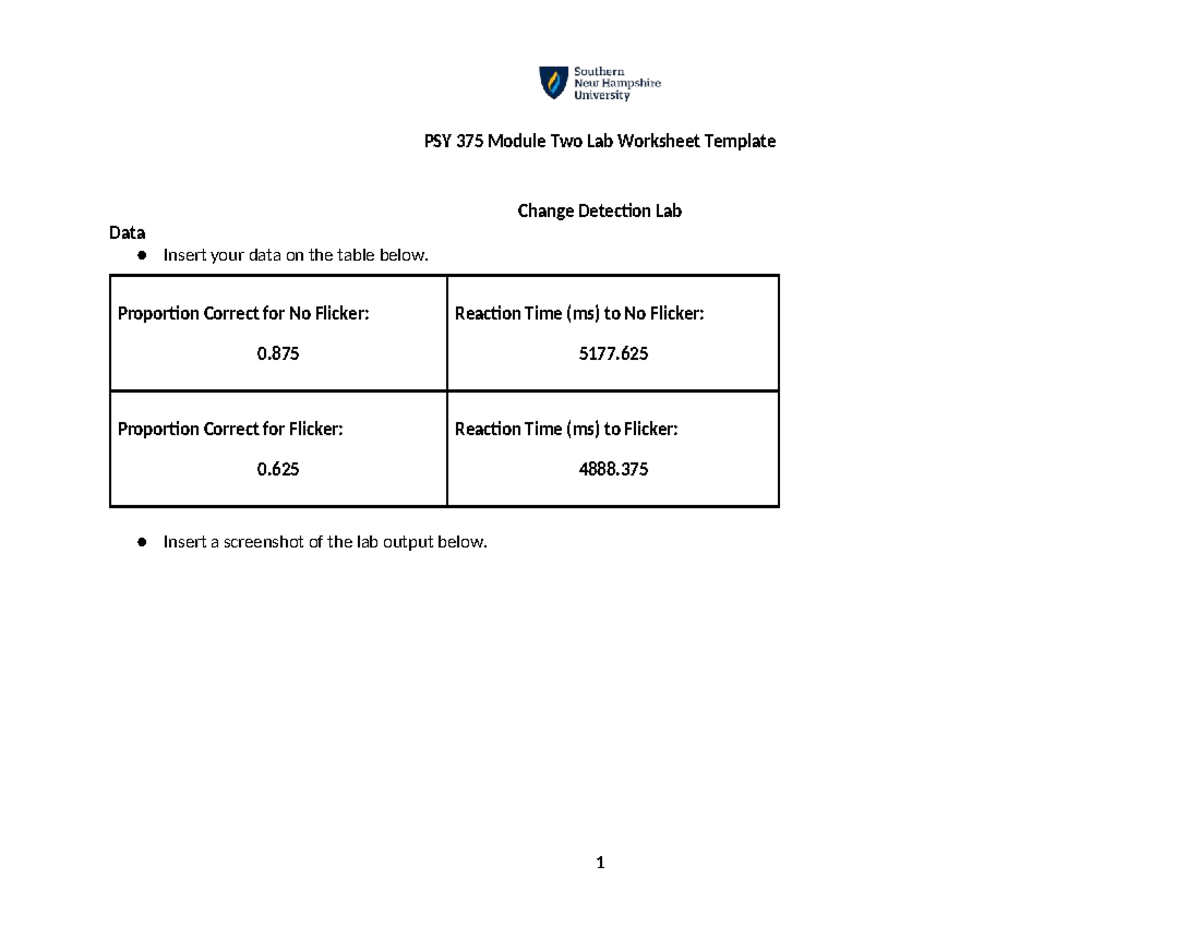PSY 375 Module Two Lab Worksheet: Change Detection & Stroop Effects ...