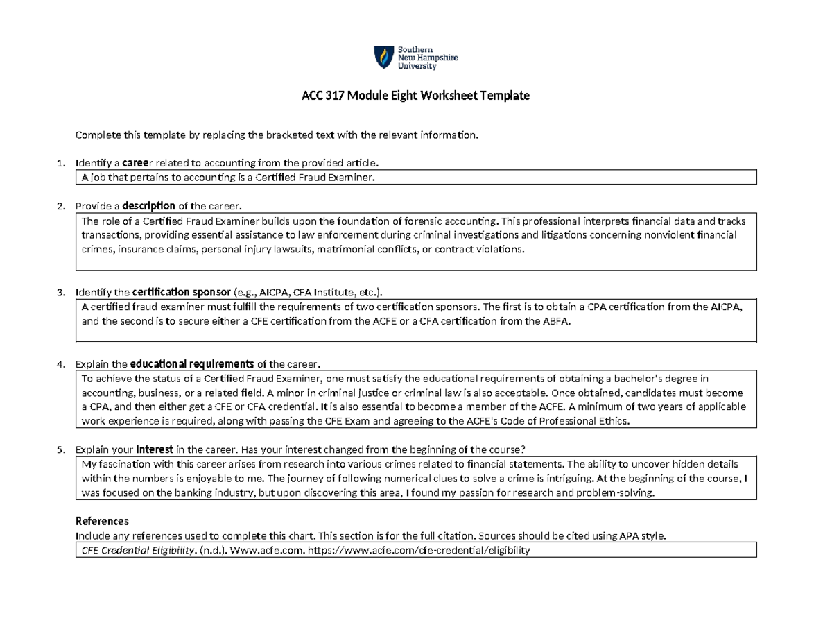 ACC 317 Module 8: Certified Fraud Examiner Career Overview - Studocu