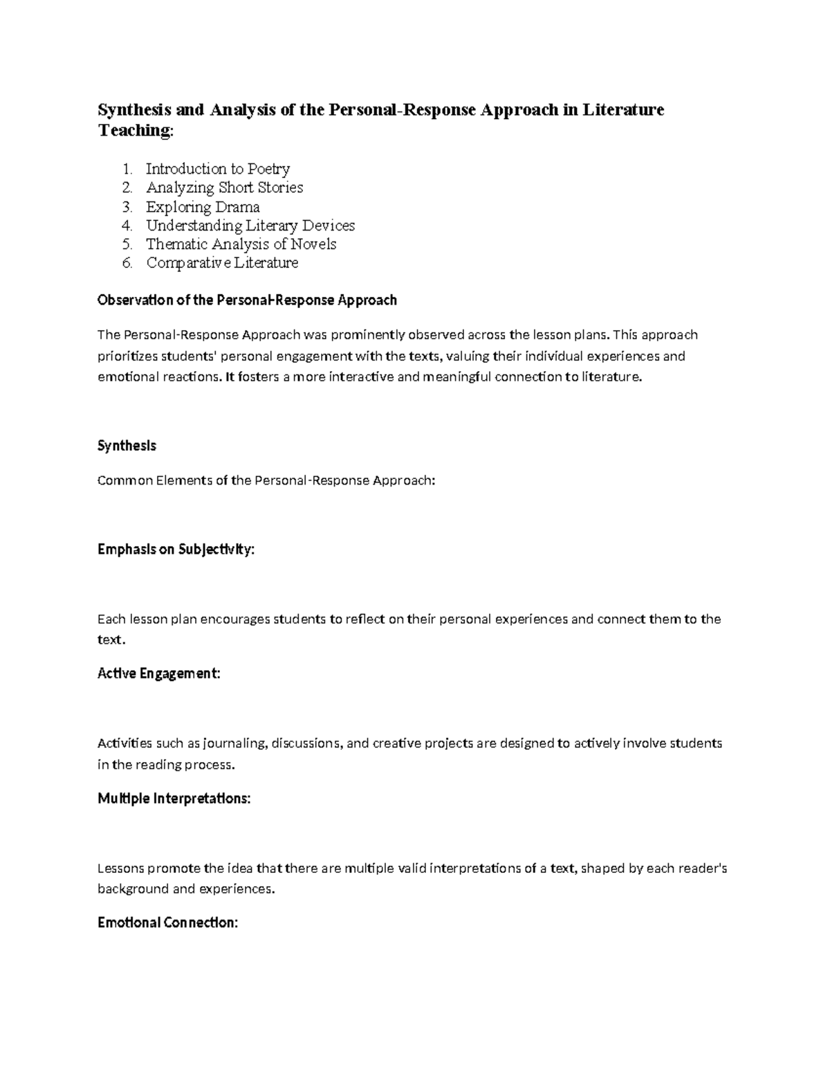 Synthesis & Analysis of Personal-Response Approach in Literature - Studocu