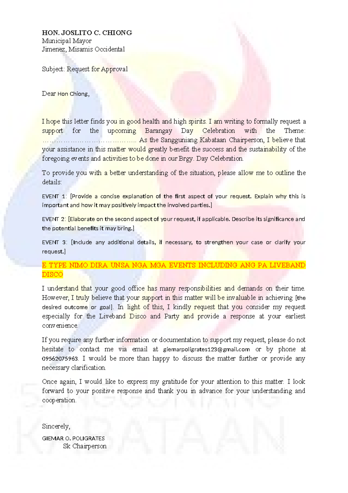 Request Letter for Barangay Day Celebration Support - Studocu