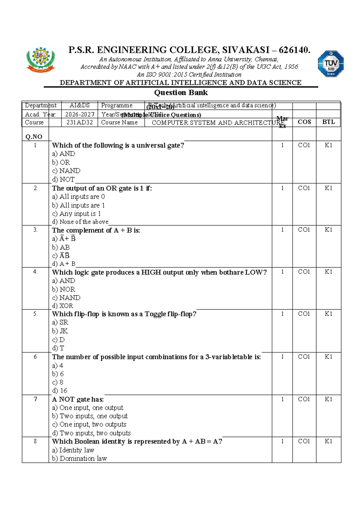 Ca1 Question Bank: B.Tech (AI & DS) Course 231AD32 - Computer System ...