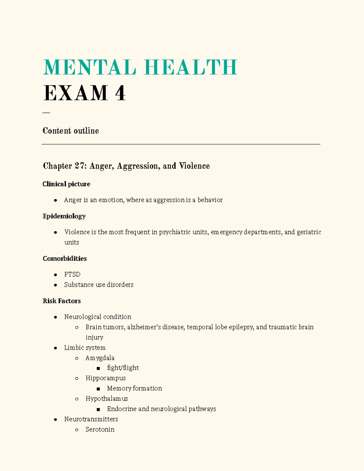Mental Health Exam 4 - Exam 4 notes - MENTAL HEALTH EXAM 4 ___ Content ...