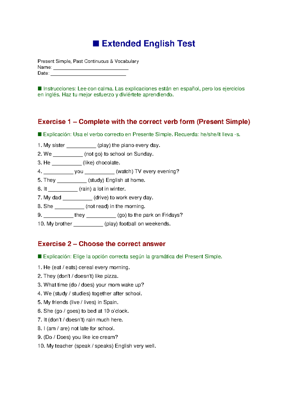 Extended English Test: Present Simple & Past Continuous - Studocu
