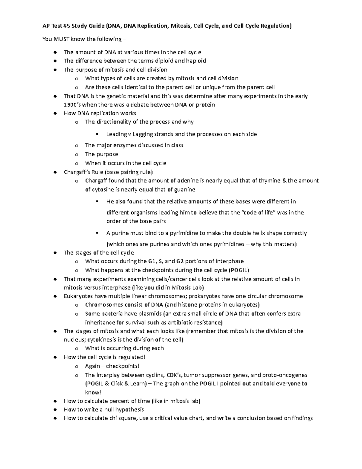 AP Test Study Guide #5: DNA, Mitosis, and Cell Cycle Concepts - Studocu