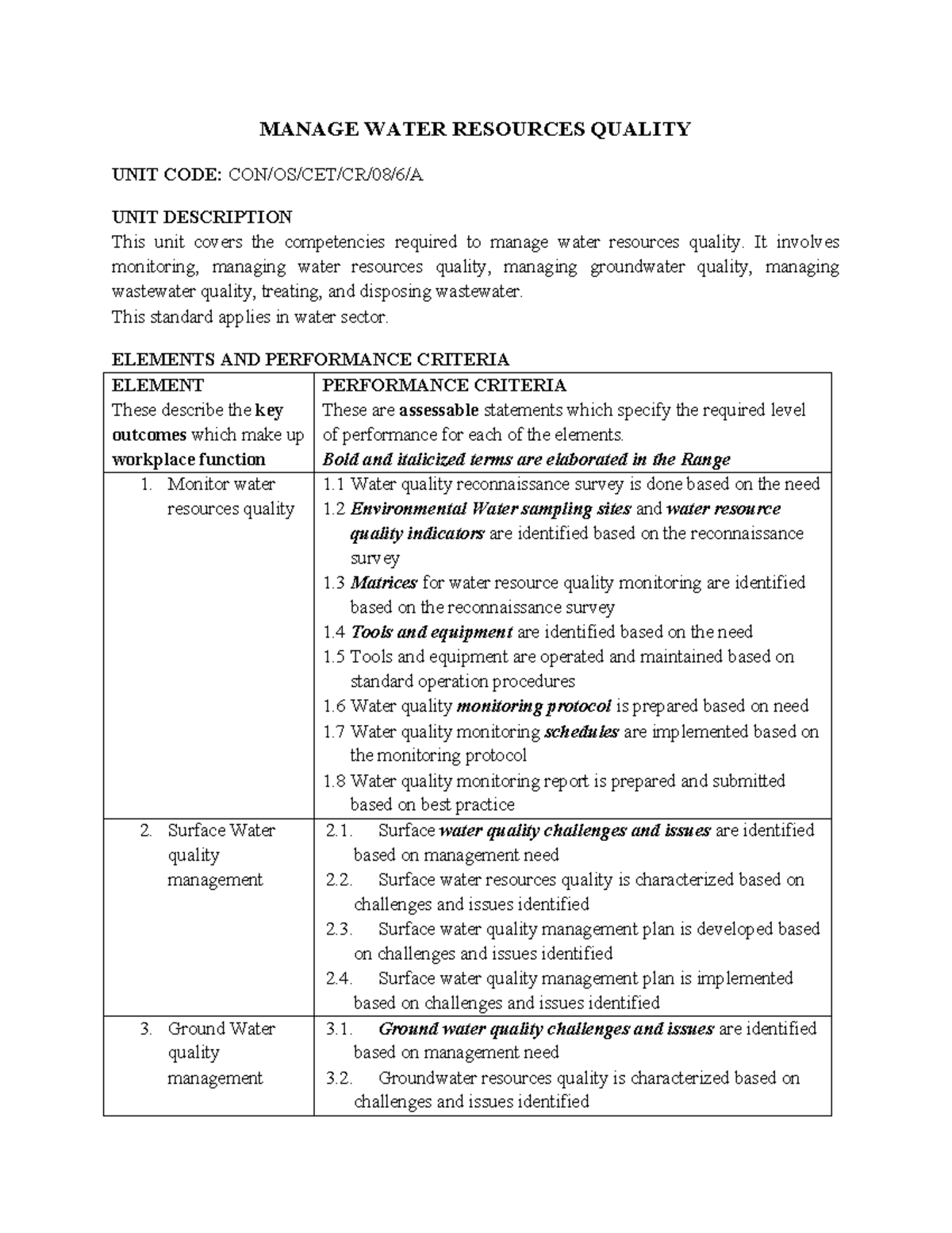 Manage Water Resources Quality - Level 6 OS Unit Guide - Studocu