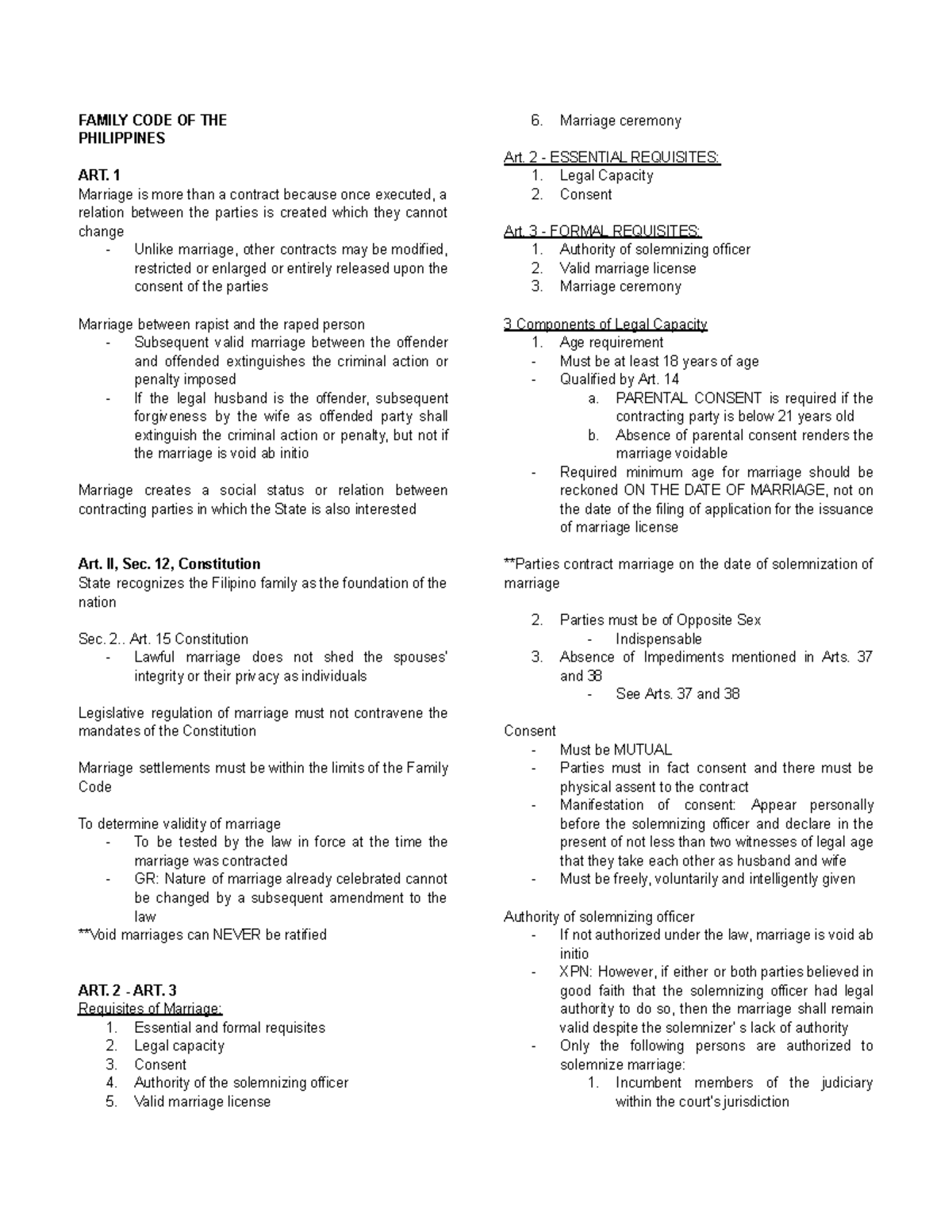 FAMILY CODE OF THE PHILIPPINES: MARRIAGE REQUISITES & VALIDITY - Studocu