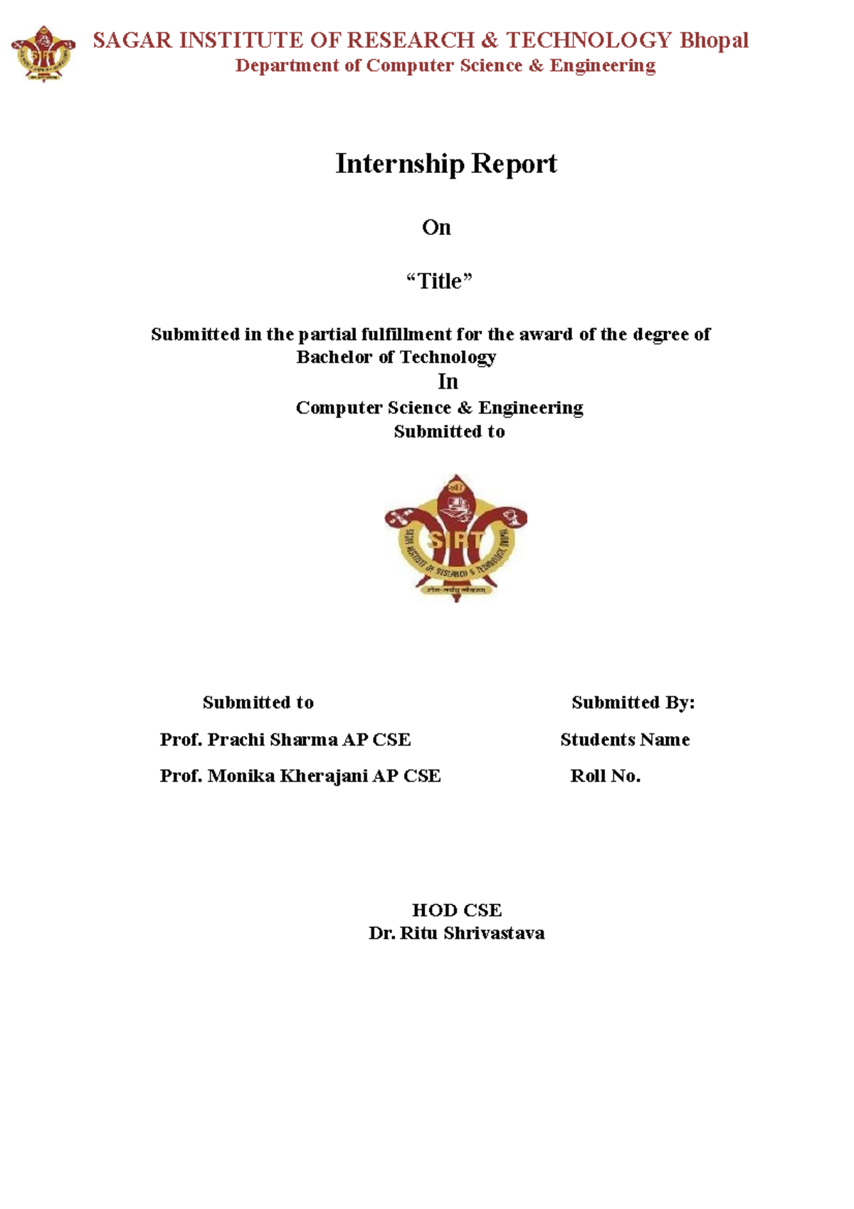 Internship Report Format for B.Tech CSE - 5th Sem - Studocu