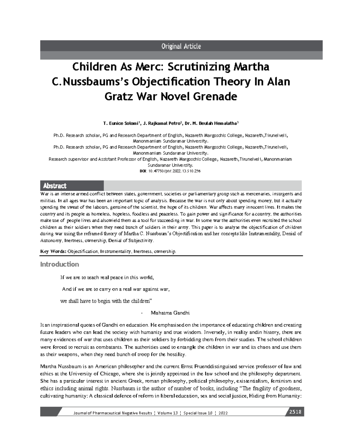 Children as Instruments of War: Analyzing Objectification in Gratz's ...