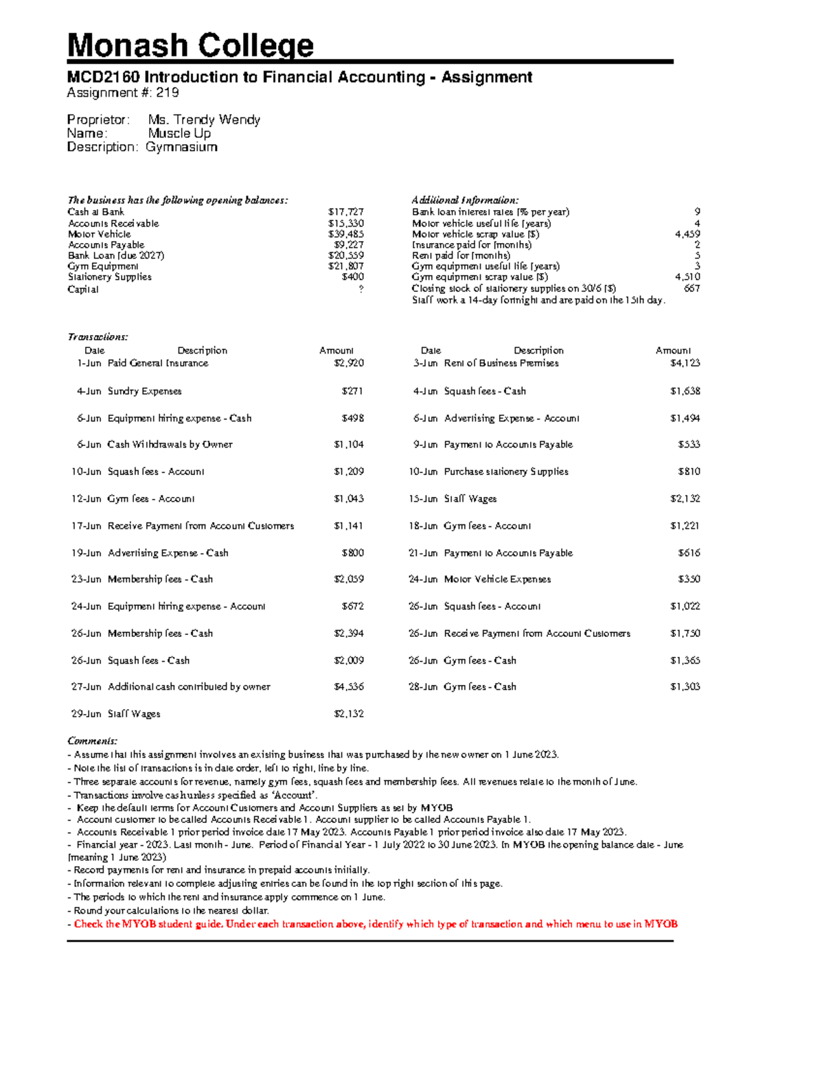 219 MCD2160 MYOB Assignment Data Sheet - Monash College MCD2160 ...