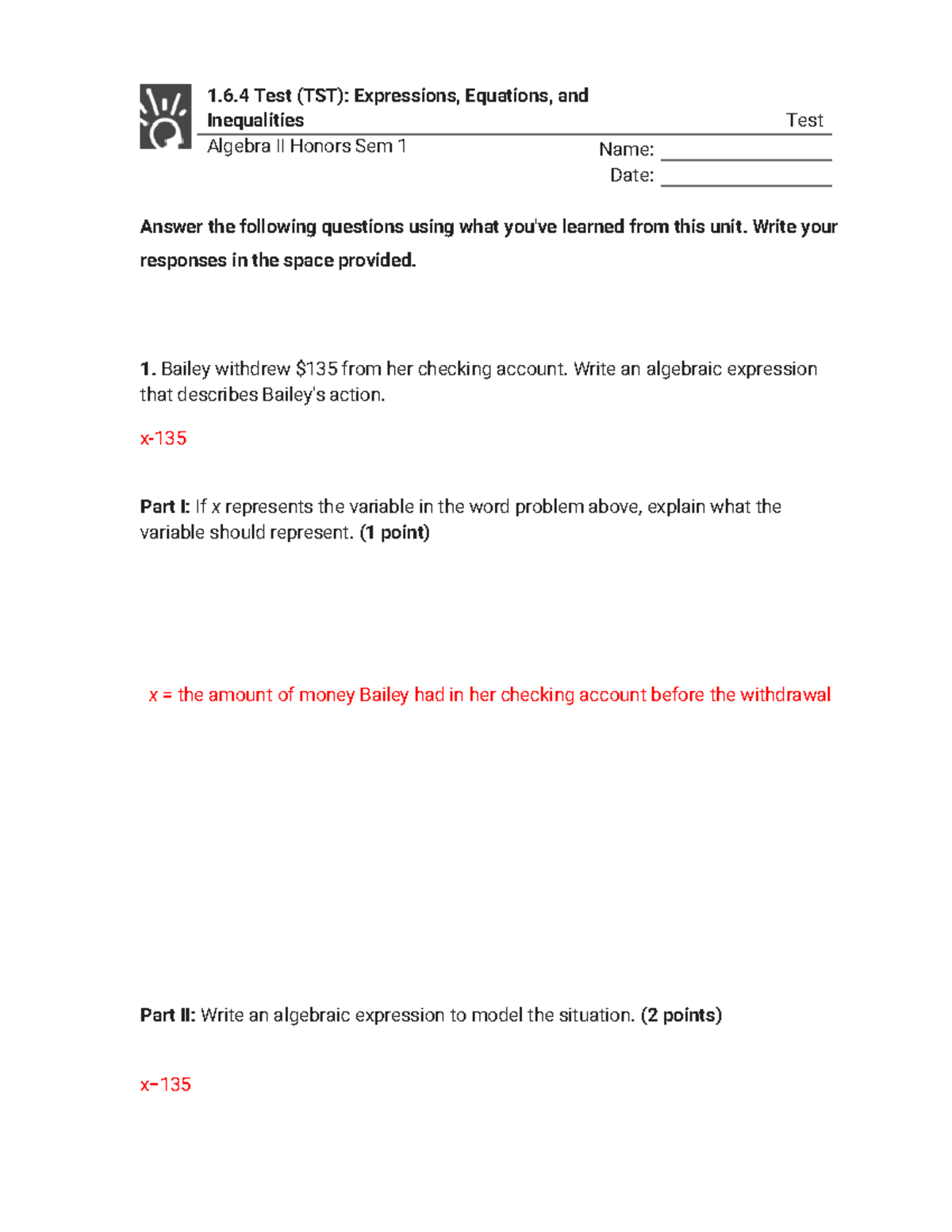 1.6 Test (TST) - Algebra II Expressions, Equations, & Inequalities ...